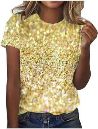 Generic T-shirt d&eacute;contract&eacute; &agrave; paillettes pour femme avec strass - Coupe ample - Style d&eacute;contract&eacute; - Manches courtes - Brillant - Coupe ample - Tendance - 2025