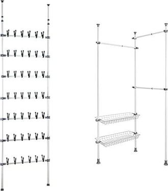 WENKO Teleskop-Schuhregal Atlas, Schuh-Aufbewahrung für 42 Paar Schuhe, Weiß-Grau & Teleskop-System Herkules Duo - verstellbares Ordnungssystem, Garderoben-