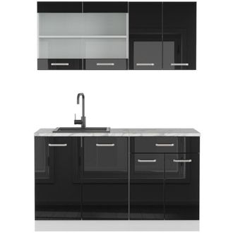Vicco Mini-K&uuml;che R-Line, Schwarz Hochglanz, 140 cm, ap Marmor