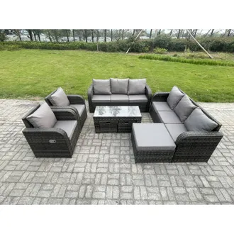 Fimous 11-Sitzer Polyrattan Sofa Set Outdoor Patio Gartenm&ouml;bel mit 2 Liegest&uuml;hle Couchtisch 3 Hockern Dunkelgrau Gemischt - Fimous