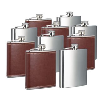 Relaxdays 10x Flachmann 200 ml, 5 Taschenflaschen mit Kunstleder H&uuml;lle, 5 kleine Flachm&auml;nner aus Edelstahl, f&uuml;r unterwegs, Silber