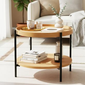 Clp Couchtisch rund Holz Corbitan, Sofatisch 2 Ebenen mit Stauraum, Beistelltisch klein Metallgestell schwarz, Farbe:Natur, Größe:Ø 50 cm