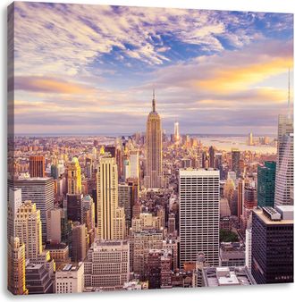 Pixxprint Skyline von New York bei Sonnenuntergang, Größe: 40x40, Leinwandbild Quadratisch, Wandbild, Kunstdruck, fertig bespannt