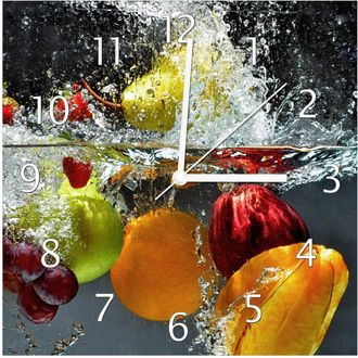 Wallario Design-Wanduhr Fr&uuml;chte im und unter Wasser - Splashing Fruits aus Glas, Motiv-Uhr Gr&ouml;&szlig;e 30 x 30 cm, wei&szlig;e Zeiger