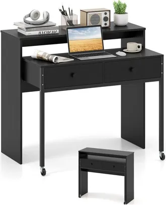 Costway Costway - Bureau extensible en bois MDF avec 2 tiroirs - Table dordinateur compacte avec roulettes - Dimensions 100 x 63 x 88 cm - Marron rustique
