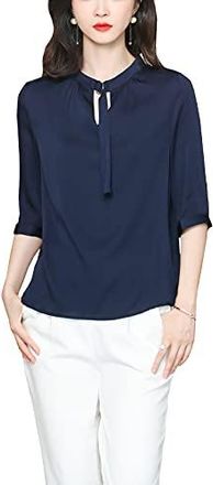 Dissa Chemise en Soie Bleu Foncé Unie Manches Courtes Col Montant Blouse À Pulls Soie Femme,3XL,S3355