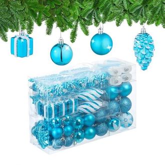 Relaxdays Weihnachtskugeln 71er Set, glitzernde, matte & glänzende Baumkugeln, Stiefel, Herz, Zapfen, Kunststoff, petrol