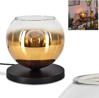 HOFSTEIN Tischleuchte Koyoto, Tischlampe aus Metall/Glas in Schwarz/Gold/Klar, Leuchte im modernen Retro/Vintage-Design mit Schirm aus Glas (Ø 25 cm) u. An/-Au
