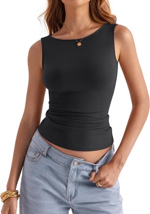 TOMWELL Y2K Top Sommer &Auml;rmellos Tank Tops Sexy U-Boot Ausschnitt Tshirt Slim Fit Basic Tops A Schwarz XS