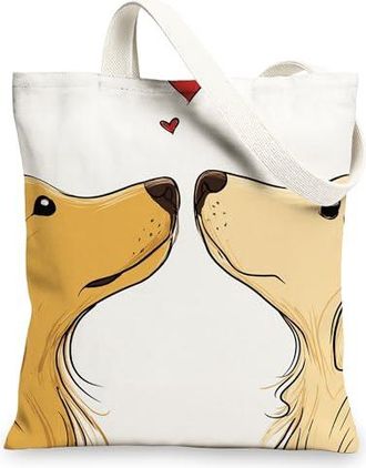 Generic Joli sac à provisions en toile avec adorable motif damour de chien, réutilisable, amusant, léger, lavable avec bandoulière, blanc, 13x15 Inch