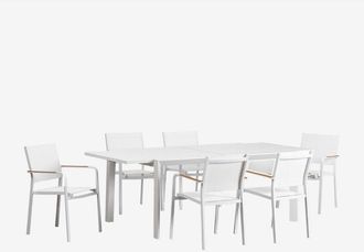 Sklum Rechteckiges ausziehbares Tischset Starmi, 180 x 240-100 cm, und 6 stapelbare Archer-Gartenstühle aus Aluminium. Gardenia Weiß - Sklum