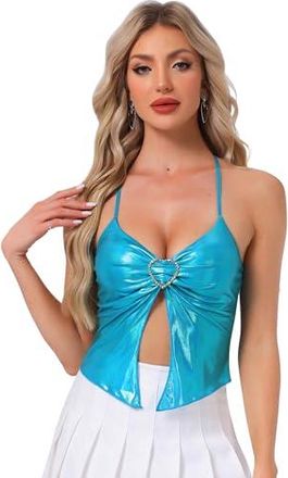 Allegra K Débardeur Métallique Femme Haut sans Manches Brillant à Bretelles Spaghetti Caraco Col Licou Clubwear Haut de Soirée Costume dhalloween Bleu Ciel L
