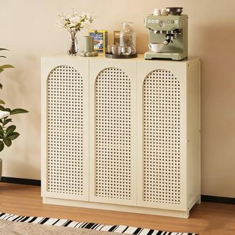 Generic Vintage-Sideboard aus Rattan mit gew&ouml;lbten Schrankt&uuml;ren Offene Regalb&ouml;den + geschlossene Stauf&auml;cher Teeschrank for zu Hause und Aufbewahrungsm&ouml;bel for