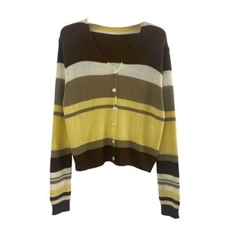 Generic Cardigan ray&eacute; &agrave; manches longues pour femme - Cardigan minimaliste - Col en V - Manteau tricot&eacute; cor&eacute;en doux, Couleur chocolat, Taille Unique