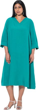 Ulla Popken Damen gro&szlig;e Gr&ouml;&szlig;en &Uuml;bergr&ouml;&szlig;en Plus Size Leinenmix-Midikleid, A-Linie, V-Ausschnitt, 3/4-Arm gr&uuml;nblau 46+ 838110460-46+