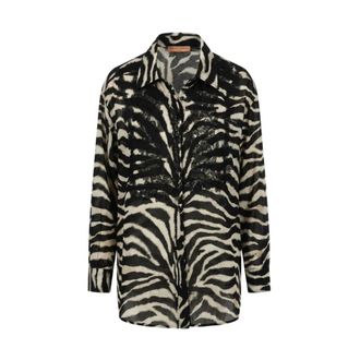 Ermanno Scervino Femme, Blouses et Chemises, Noir, Taille: 38 FR Chemise &agrave; Imprim&eacute; Z&egrave;bre et Dentelle Brod&eacute;