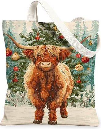 Generic Sacs fourre-tout en toile de vache Highland - Imprim&eacute; animal rustique - R&eacute;utilisables - Design festif dhiver - L&eacute;gers et lavables - Pour voyage, pique