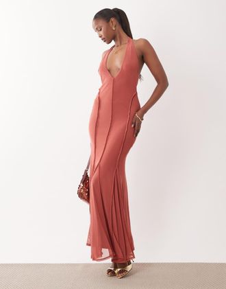 Asos U-f&ouml;rmiges Netzstoff-Maxikleid in Dunkelorange mit sichtbarer Ziernaht und Neckholder-Tr&auml;ger
