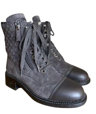 Chanel Grey Suede and Leather Combat Boots Size 38.5