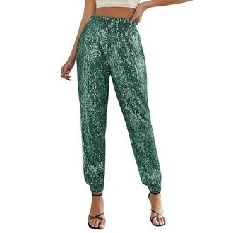 Generic Pantalon scintillant pour femme - &Eacute;lastique - Coupe haute - Brillant - Pantalon crayon d&eacute;contract&eacute; - Pantalon long - Tenue de vacances - Pyjama 3/4 po
