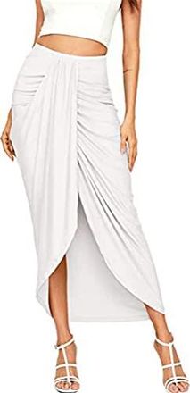 Onsoyours Femmes Jupe Maxi Drapée Asymétrique Portefeuille Fente Jupes Mi-Longues Décontractées Plissées Taille Haute De Couleur Unie C Blanc XS