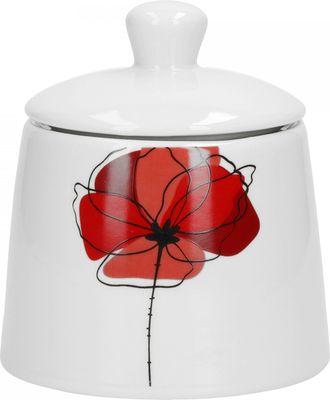 Van Well Zuckerdose Monika | 250-300 ml | Ø 90 mm | H 100 mm | runder Zuckerspender mit Deckel | Mohn-Blume rot | Porzellan-Geschirr | Gastronomie