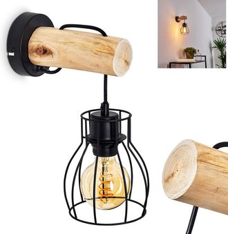 HOFSTEIN Wandleuchte Gondo, Wandlampe aus Metall/Holz in Schwarz/Natur, 1-flammig, 1 x E27-Fassung, moderner Wandspot in Gitter-Optik m. An-/ Ausschalter am Ge