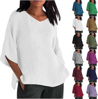 Generic Haut en lin blanc pour femme, t-shirt en coton pour femme - Chemises de couleur unie basique avec fentes lat&eacute;rales - Chemise confortable en mousseline