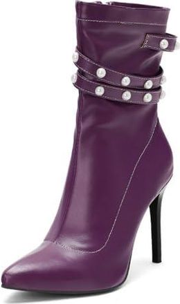 Generic Bottines habill&eacute;es &agrave; bout pointu pour femme avec fermeture &eacute;clair et talons aiguilles et perles &eacute;l&eacute;gantes pour f&ecirc;te, mariage, violet, 37.5 EU