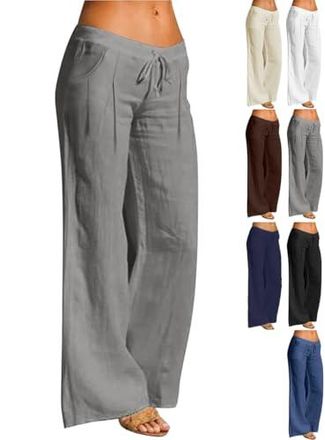Generic Pantalon ample en lin et coton m&eacute;lang&eacute; pour femme avec cordon de serrage et taille &eacute;lastique, gris, 3XL