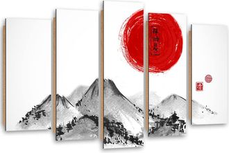 Feeby Wanddeko 5 teile 150x100 cm Japan Rote Sonne Berge Bilder modern Wand Bild Kunstdruck Deko Osten Orientalisch Kanji Asien schwarz-wei&szlig;