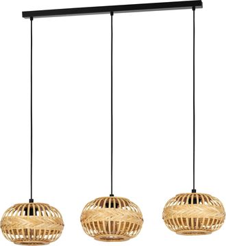 Eglo Pendellampe Amsfield 1, 3-flammige Pendelleuchte über Esstisch, Hängeleuchte aus Metall in Schwarz und Bambus in Braun, Holz Hängelampe mit E27 Fassun