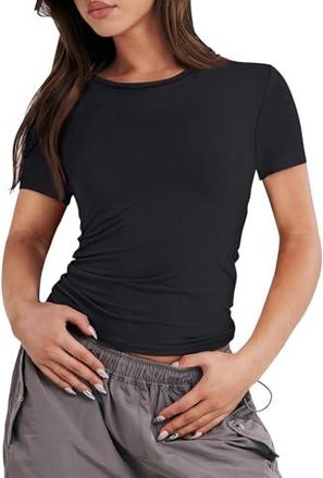 Generic Chemisiers Et Blouses Femme,Tshirt Sport Femme T-Shirt Manches Courtes pour Femmes Solide Sexy Mignon Slim Serré Haut Court Survêtements Femme Tenue C