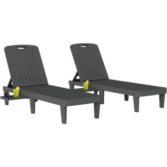 OUTSUNNY Lot de 2 chaises longues - Outsunny - dossier r&eacute;glable 5 positions - tablette lat&eacute;rale - plastique - gris