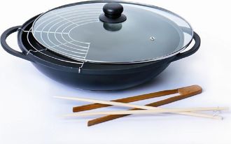 Krüger Aluguss Wok Leipzig mit Glasdeckel und Zubehör, Ø 36 cm, Schwarz