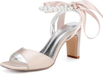 Generic Chaussures De Mariage Femmes Bloc Chunky Mariée Talon Heel Ouvert Bout Hauts Sandales Pearls Décontracté Dress Chaussures 8Cm,Champagne,37 EU