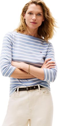 Tommy Hilfiger Damen Langarmshirt New Cody Slim U-Boot-Ausschnitt, Mehrfarbig (Brisk Blue/Ecru STP), XXS