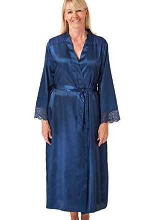 Marlon Womens Elina Silky Satin & Floral Lace Robe Chambre, Bleu océan, 14-16 Femme