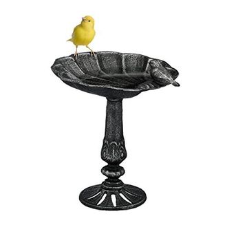 Relaxdays Vogeltränke, stehend, Vogelbad aus Gusseisen, winterfest, Garten Wasserschale mit Ständer, schwarz-silber