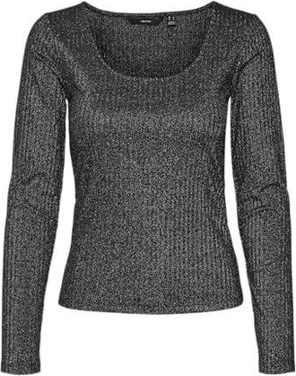 Vero Moda Vmcora Ls Top JRS Boo GA T-Shirt Manches Longues, Noir/d&eacute;tails : m&eacute;lange de Lurex argent&eacute;, S Femmes