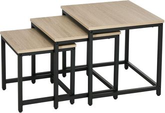 HOMCOM Homcom - Couchtisch 3er-Set Beistelltisch, Satztisch mit Stahlrahmen, Sofatisch im Industriedesign, Kaffeetisch, Wohnzimmertisch mit Holzoptik, Natur