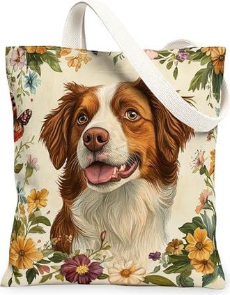 Generic Spring Brittany Sac fourre-tout en toile pour faire du shopping 33 x 38,1 cm, sac d&eacute;picerie r&eacute;utilisable pour femme, animal de compagnie, peinture de 