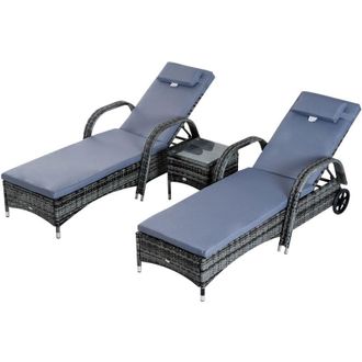 OUTSUNNY Sonnenliege Gartenliege Tisch 3er-Set Gartenm&ouml;bel, Polyrattan+Metall Grau