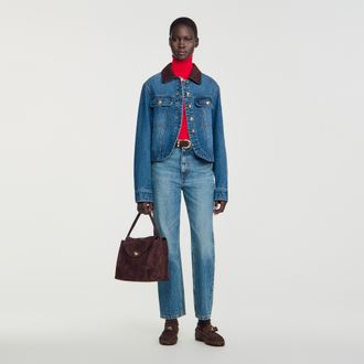 Sandro Blouson aus Denim mit Lederkragen