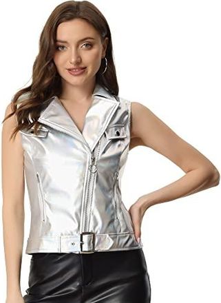 Allegra K Gilet En Simili Cuir Sans Manches Moto Fermeture Éclair Veste Métallique Holographique Pour Femme Halloween Costume Argent L