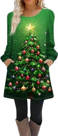 Generic Robe Noel Femme Chic et Elegante Robe Pull Casual Imprimé Noël Col Rond Manches Longues Robe de Noël Femme Swing Plissé A-Line avec Poches,f1047y,Fluo