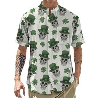 Generic Chemise de la Saint-Patrick pour homme - T&ecirc;te de mort tr&egrave;fle | Chemise irlandaise hawa&iuml;enne pour la Saint-Patrick | pour les vacances, Herbe et squele