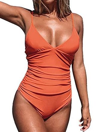 Cupshe Maillot de Bain Une pièce pour Femme Col en V Profond Bretelles Spaghetti réglables Maillot de Bain froncé Devant Bas du Dos Mandarine Orange XS