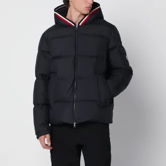 Moncler Marineblaue kurze Lacfroid Daunenjacke aus Polyester mit Kapuze