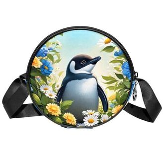 Generic Petit sac &agrave; bandouli&egrave;re rond pour femme, motif pingouin, fleur de pingouin, sac &agrave; dos avec fermeture &eacute;clair, bretelles r&eacute;glables, sac &agrave; main rond d&eacute;co